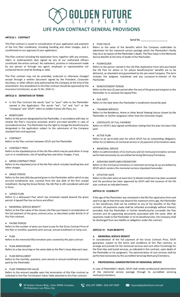 Life Plan General Contract Provisions | Golden Future